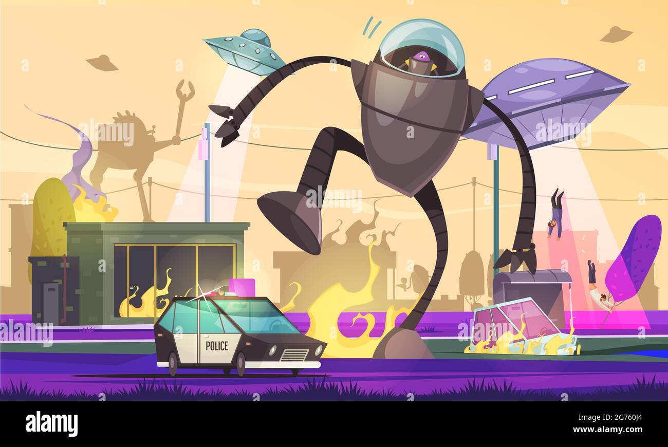 Alien ufo composition with outdoor view of city under extraterrestrial ...