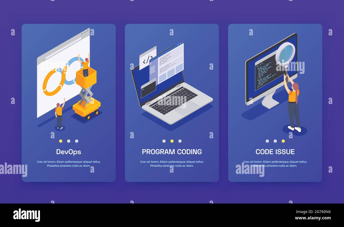 Three Vertical Programming Coding Development Isometric Banner Set With Devops Program Coding