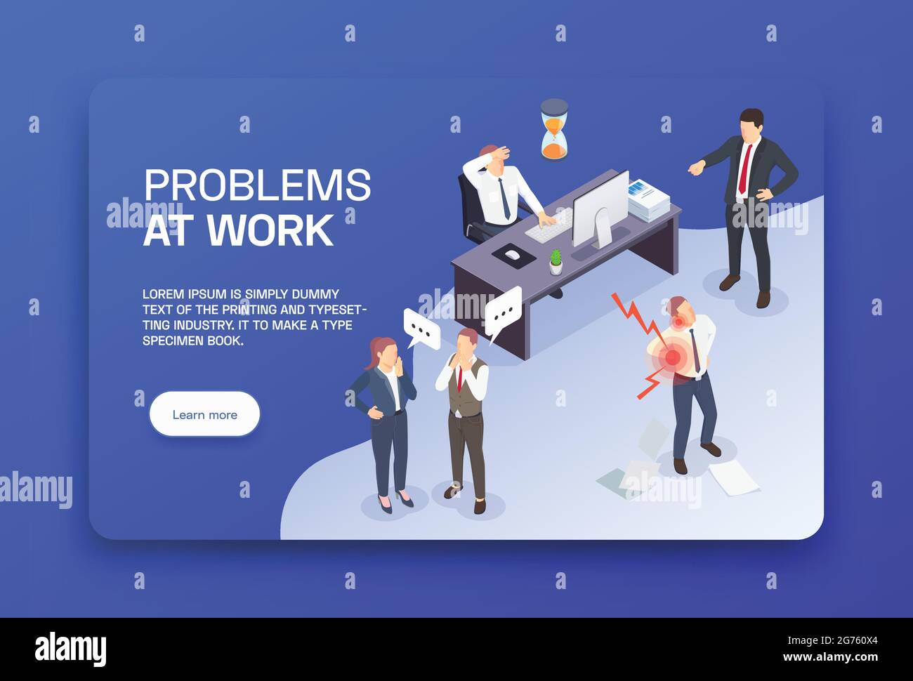 Problem situations at work isometric colored landing page with headline ...