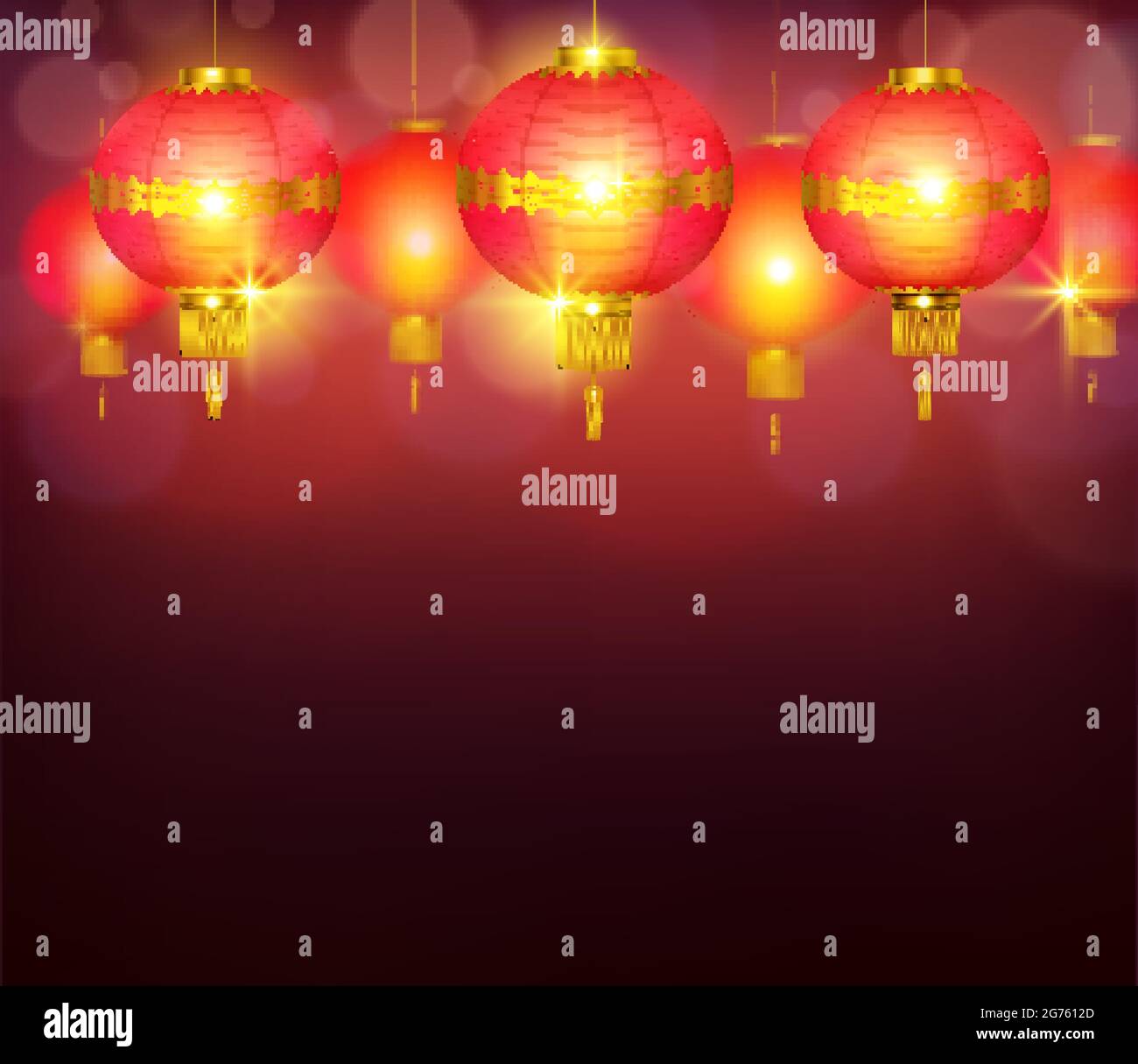 Chinese lanterns burning with bright light and illuminating red ...