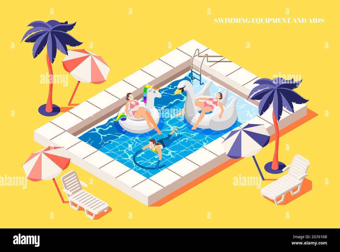 People relaxing with swimming aid in pool isometric composition on ...