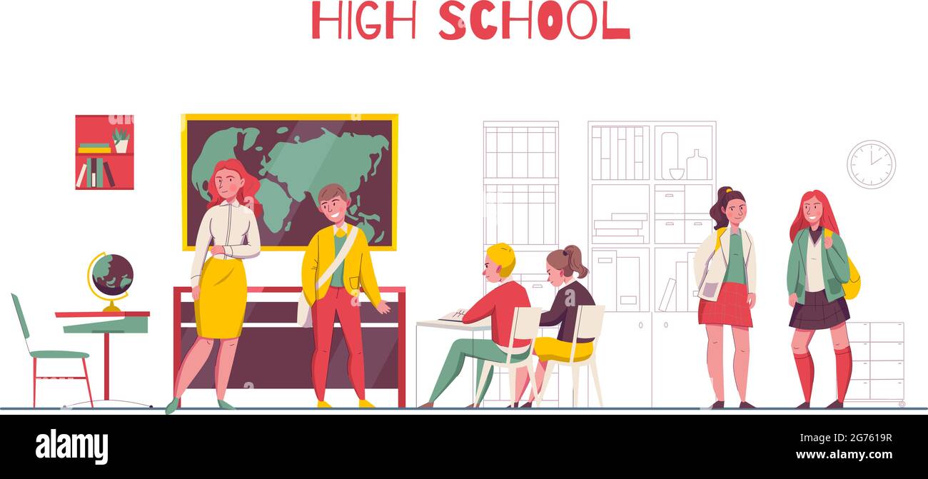 High school college lesson classroom map globe students at desk ...