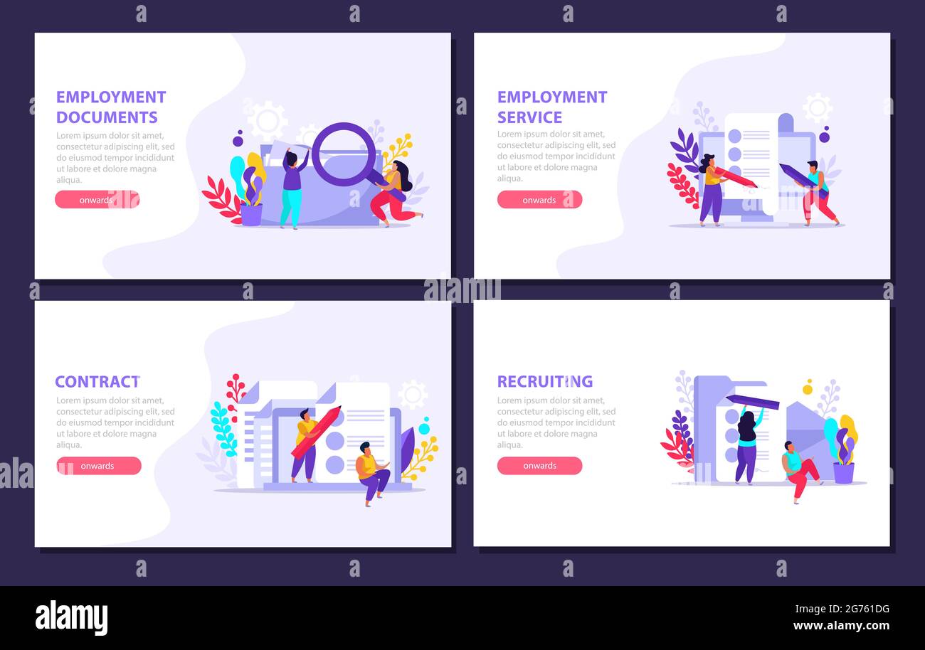 Employment service and employment documents flat 4x1 set of horizontal ...