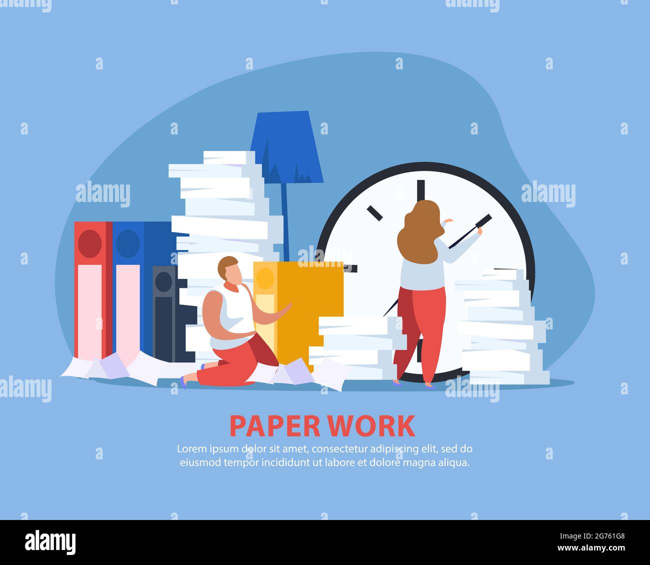 People tired from paperwork flat background with doodle characters of ...