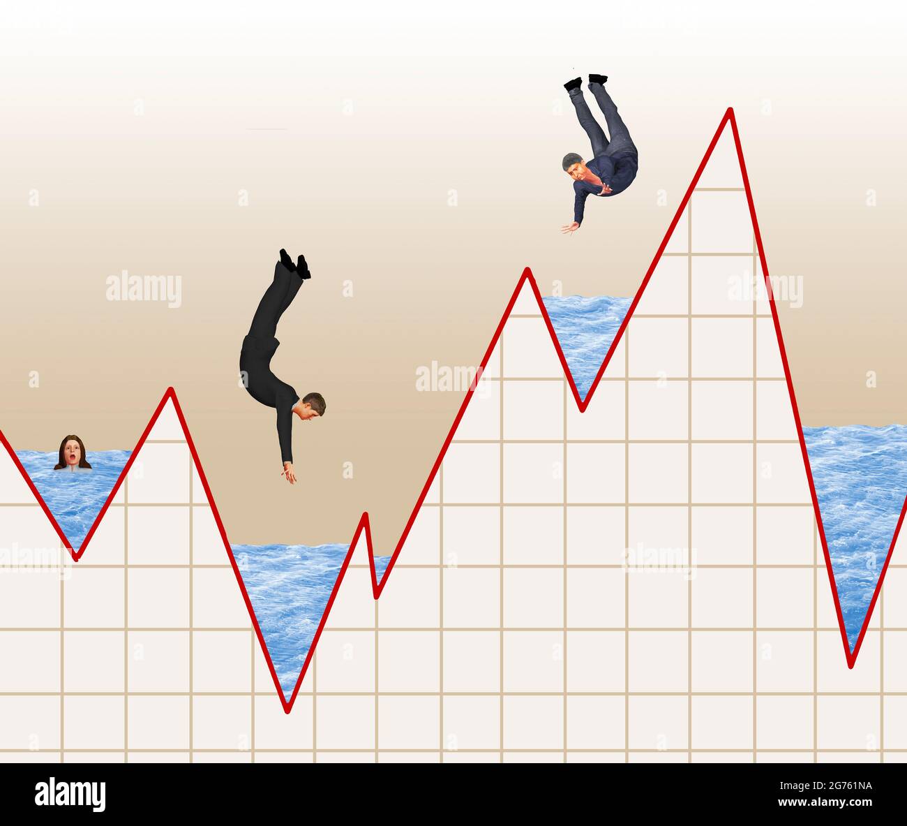 Stock market investors are seen diving into a stock market graph in a 3 ...