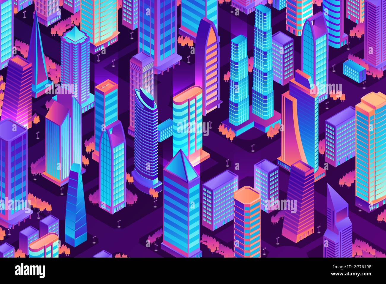 Isometric city night composition with view of neon colored city bird ...