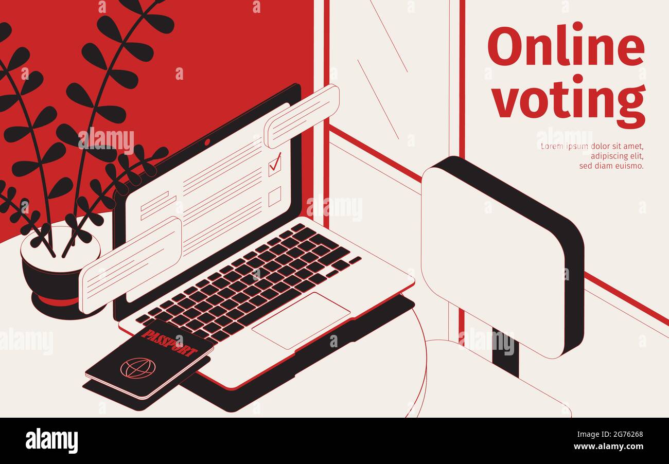 Online voting isometric background with view of workspace with laptop ...
