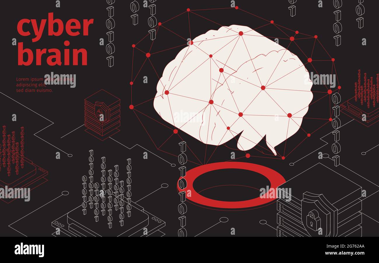 Cyber brain isometric background with image of human brain with network ...