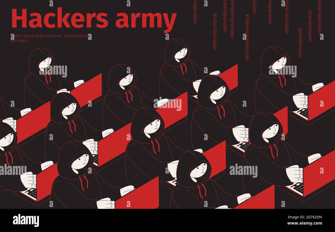 Hackers army isometric background with editable text and human ...