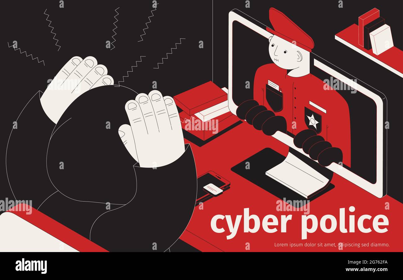 Cyber Police Isometric Background Composition With Hacker Workplace And