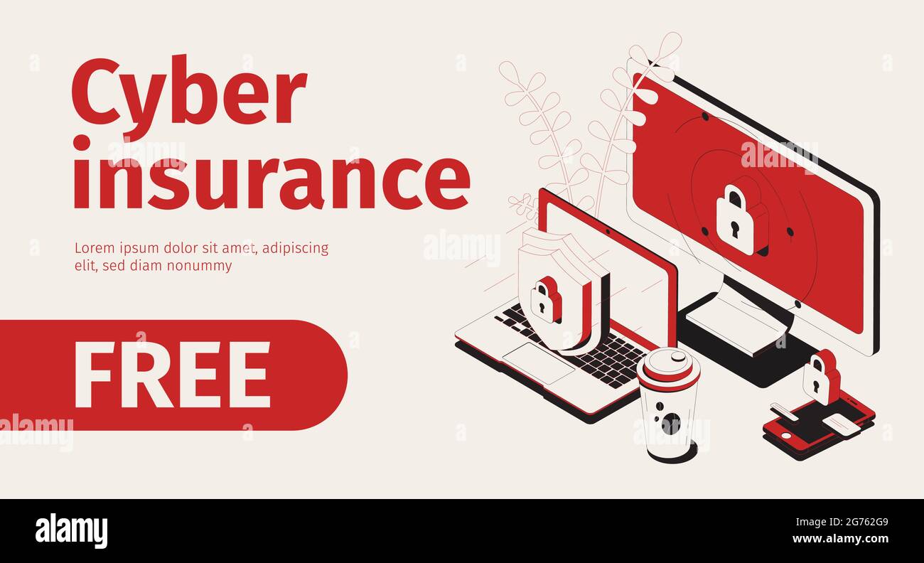 Cyber insurance horizontal banner with isometric images of protected ...