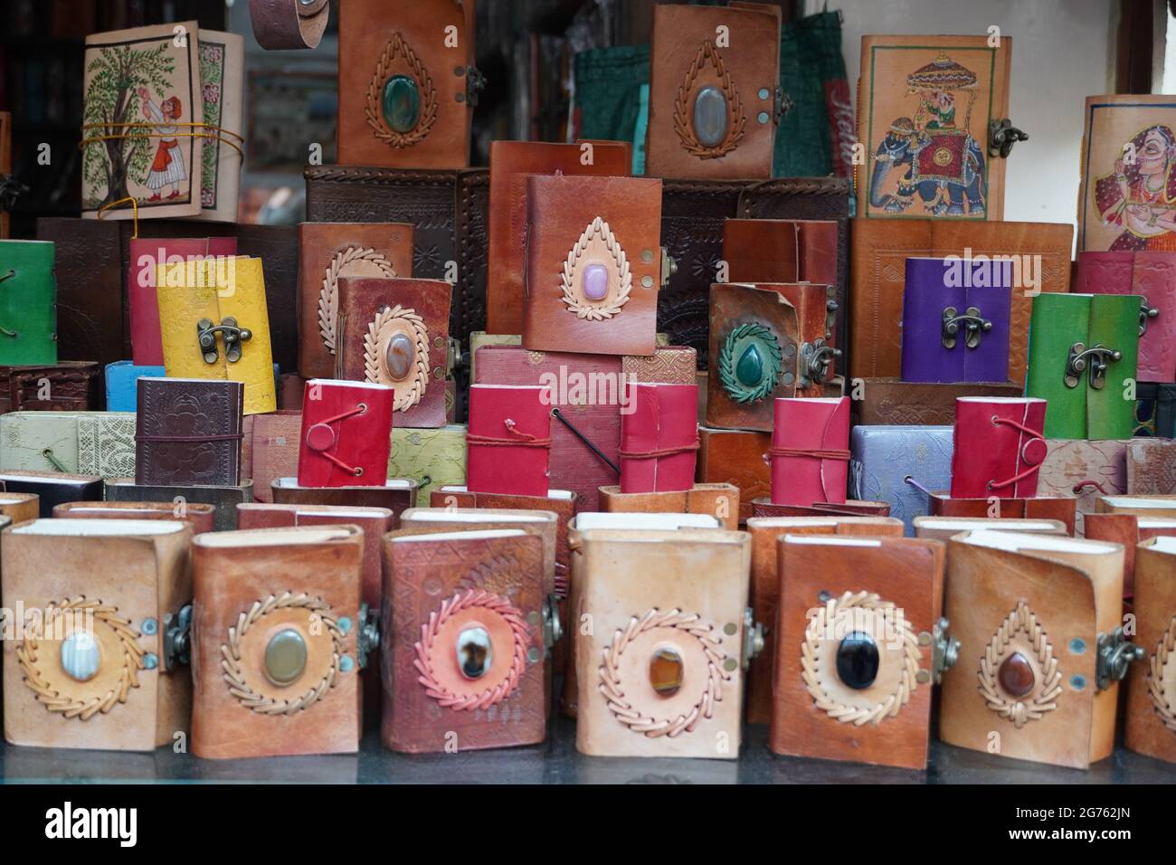 Colorful Handmade leather notebook, Books and agendas outside at a shop ...