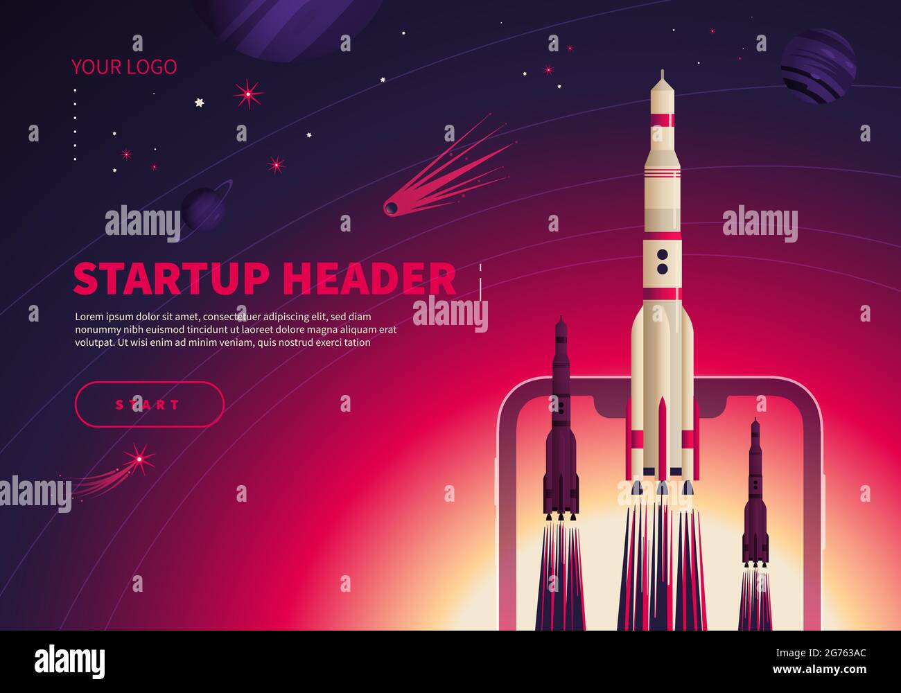 Space startup concept banner with clickable start button editable text ...