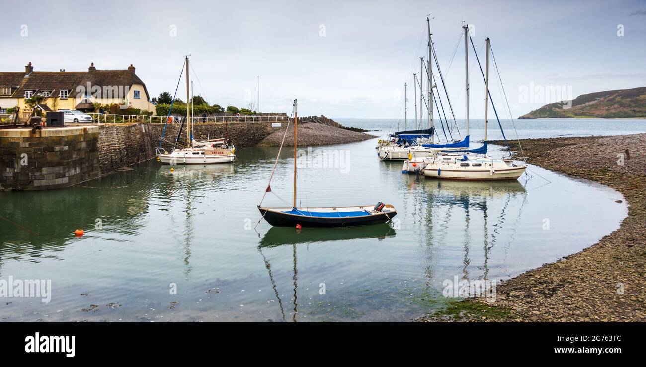 Boats and yachts moored at Porlock Weir outer harbour on the Bristol ...