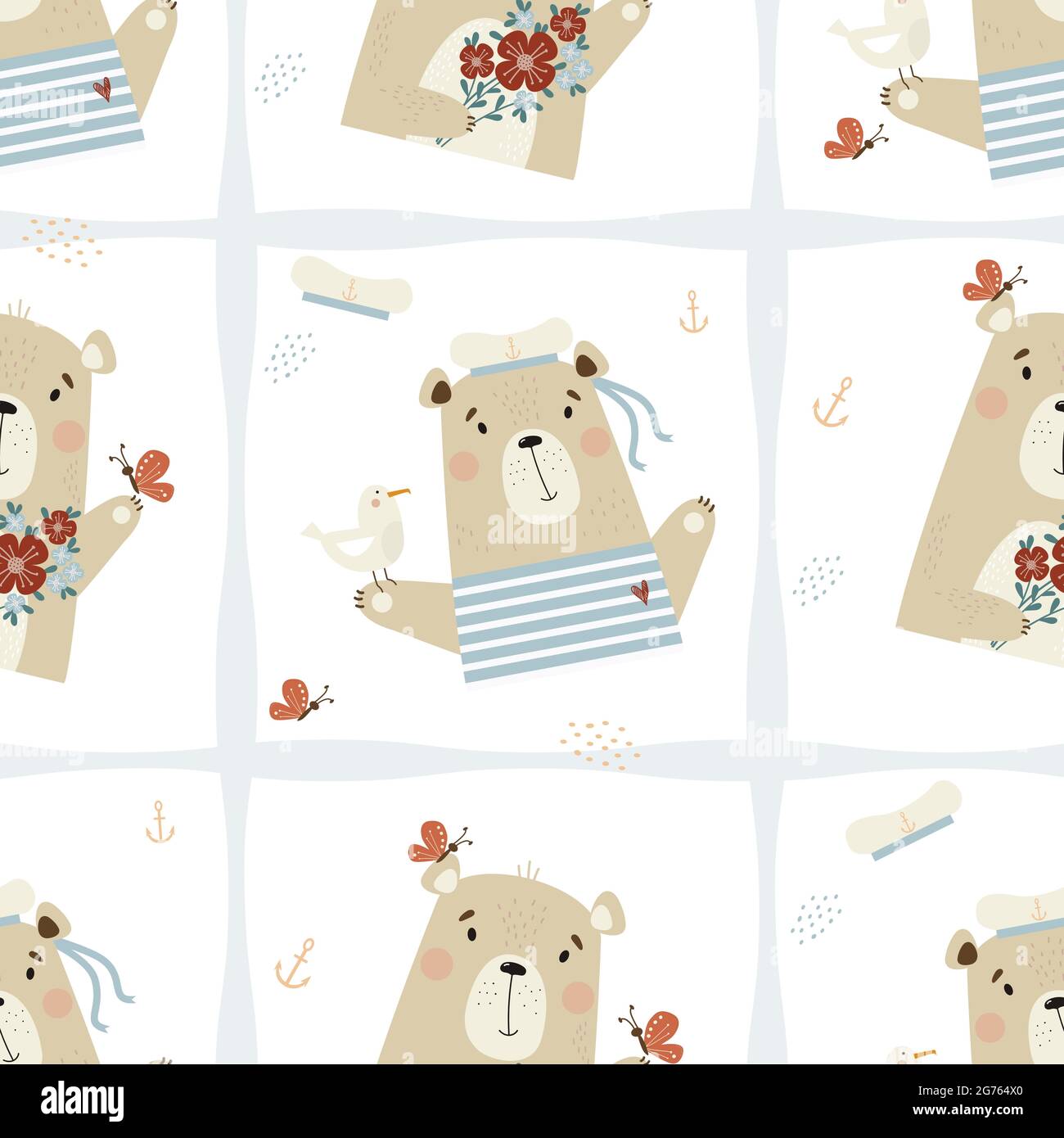 Seamless pattern with cute bears. sailor in hat with a seagull and ...