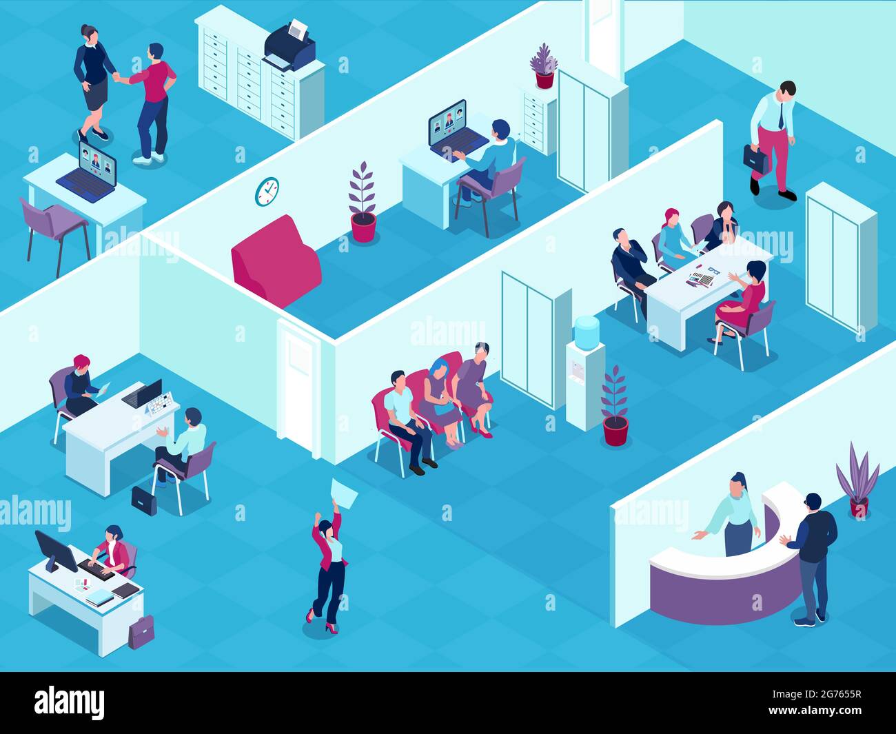 Recruitment agency interior isometric view with reception desk selected ...