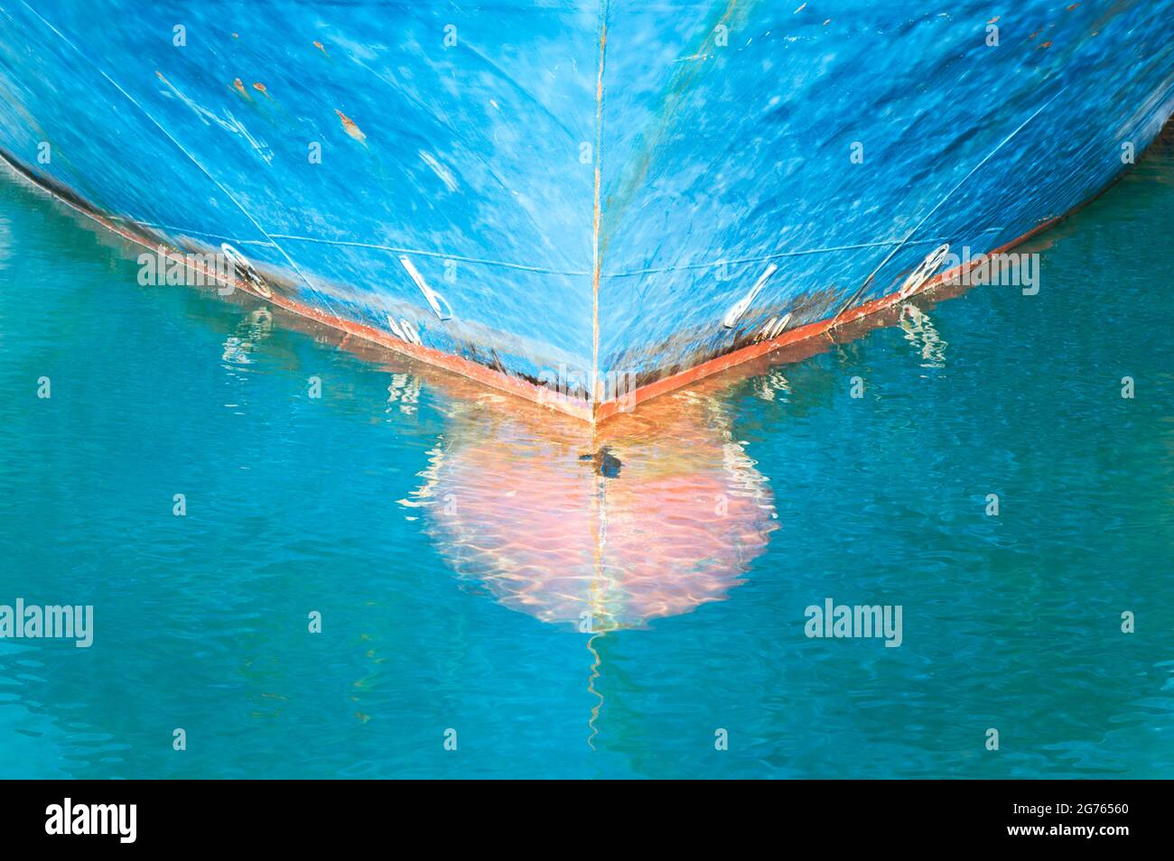 Bulbous bow, part of the blue ship bow with its bulb below waterline ...