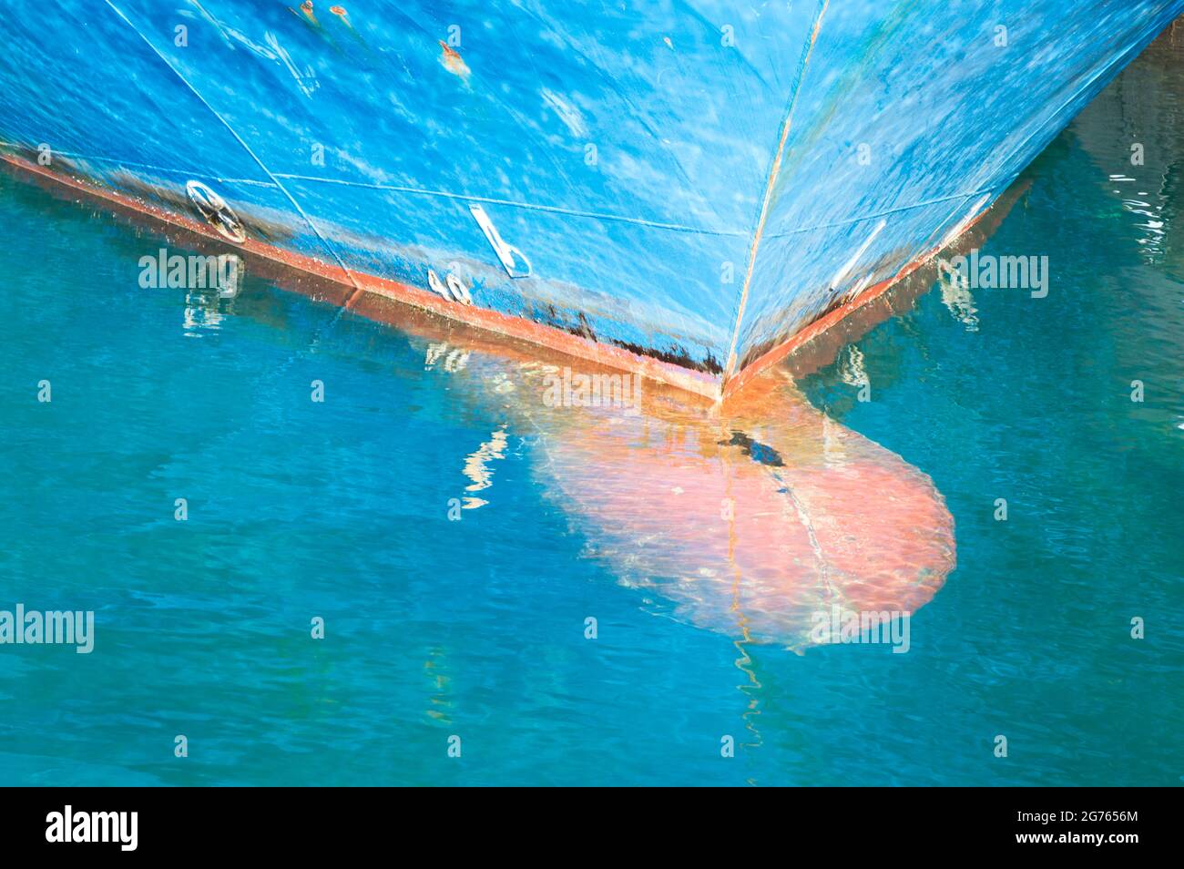 Bulbous bow, part of the blue ship bow with its bulb below waterline ...