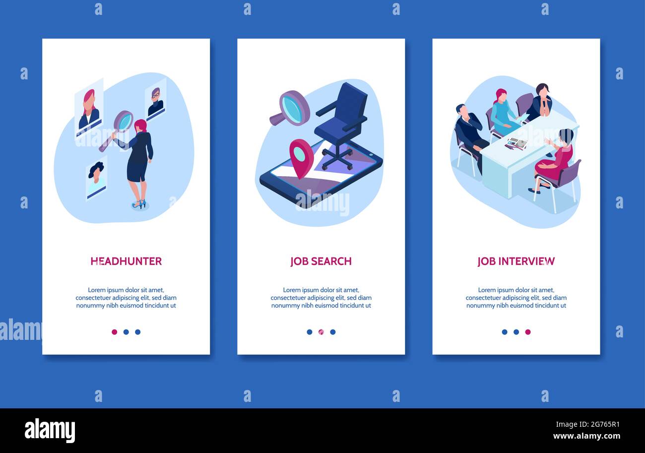 Isometric recruitment agency banner set with headhunter job search and ...