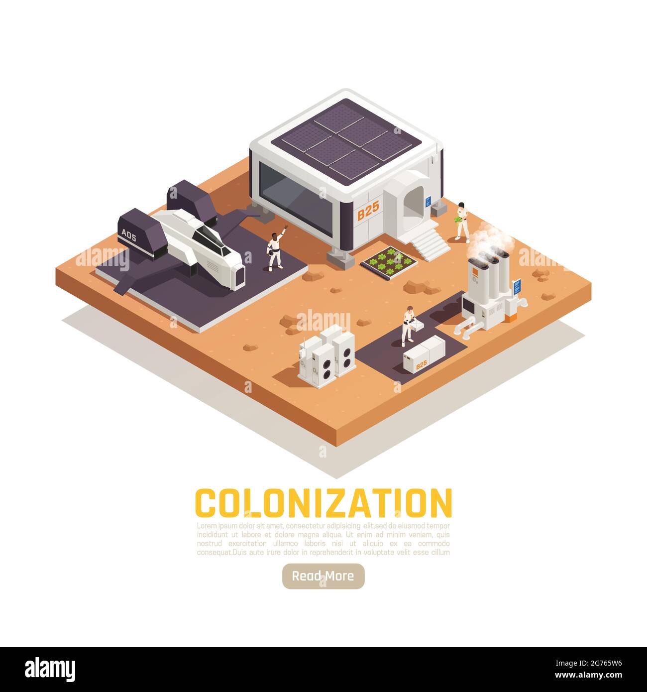 Space colonization terraforming isometric background with buildings on ...