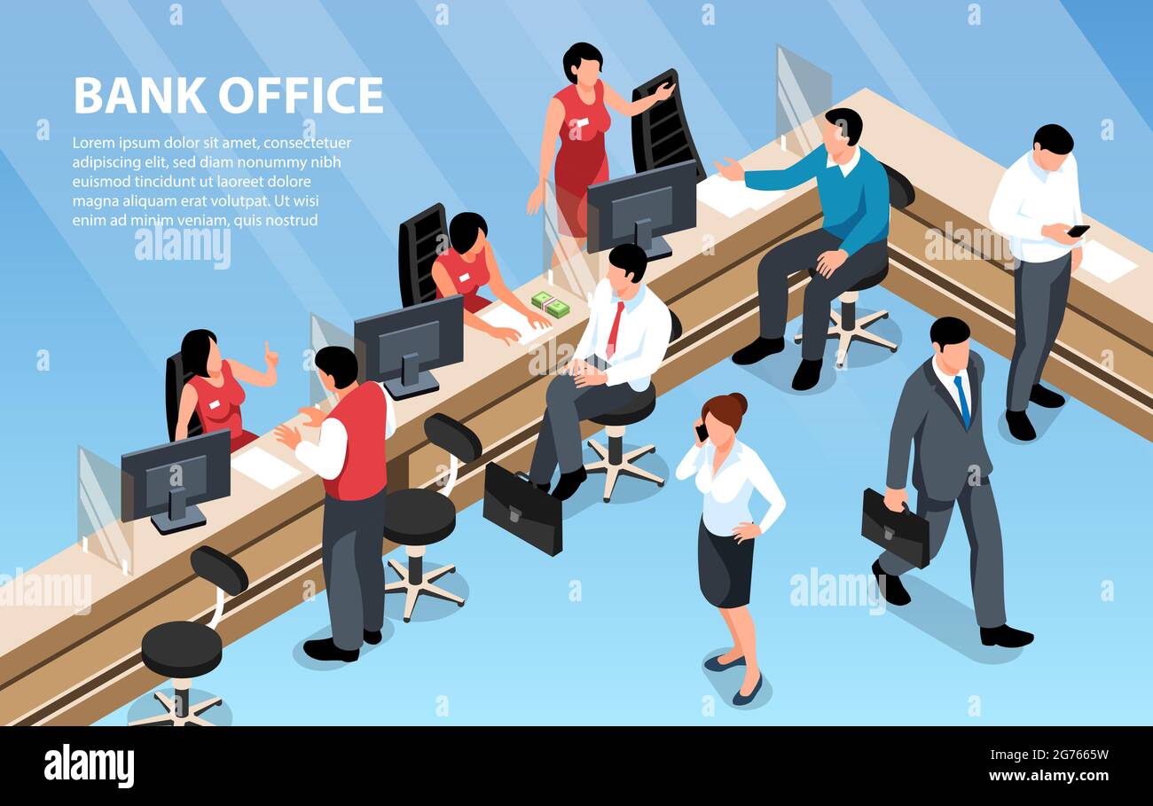 Workers and clients at bank office 3d isometric vector illustration ...