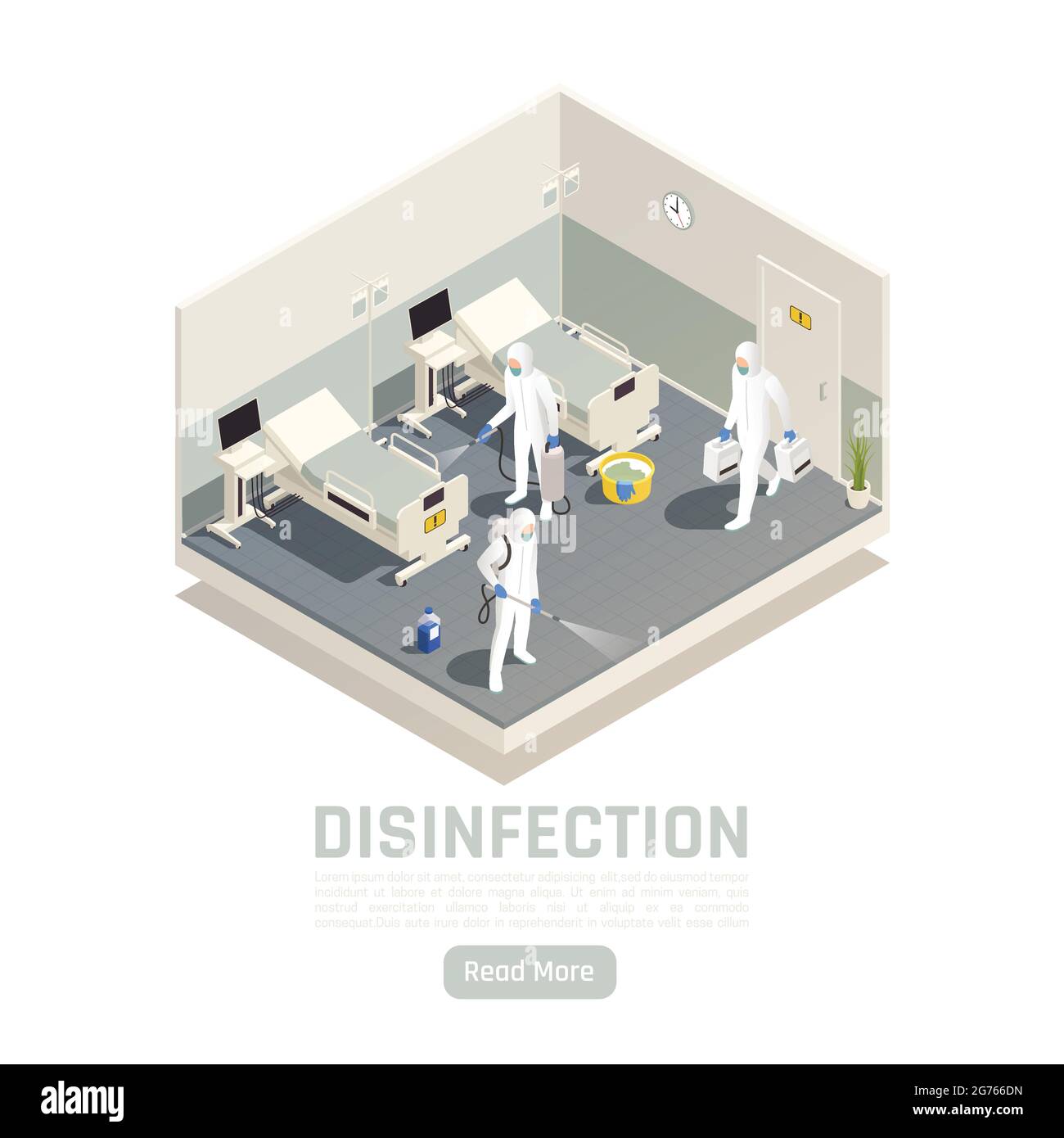 Sanitizing isometric background with indoor view of hospital room with ...