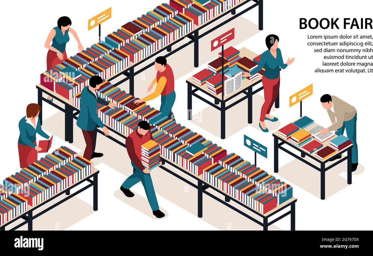 People visiting book fair 3d isometric horizontal vector illustration ...