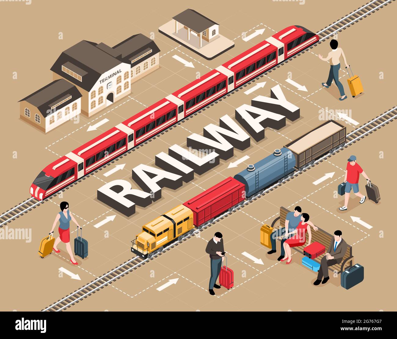 Isometric flowchart with railway station trains and passengers 3d ...