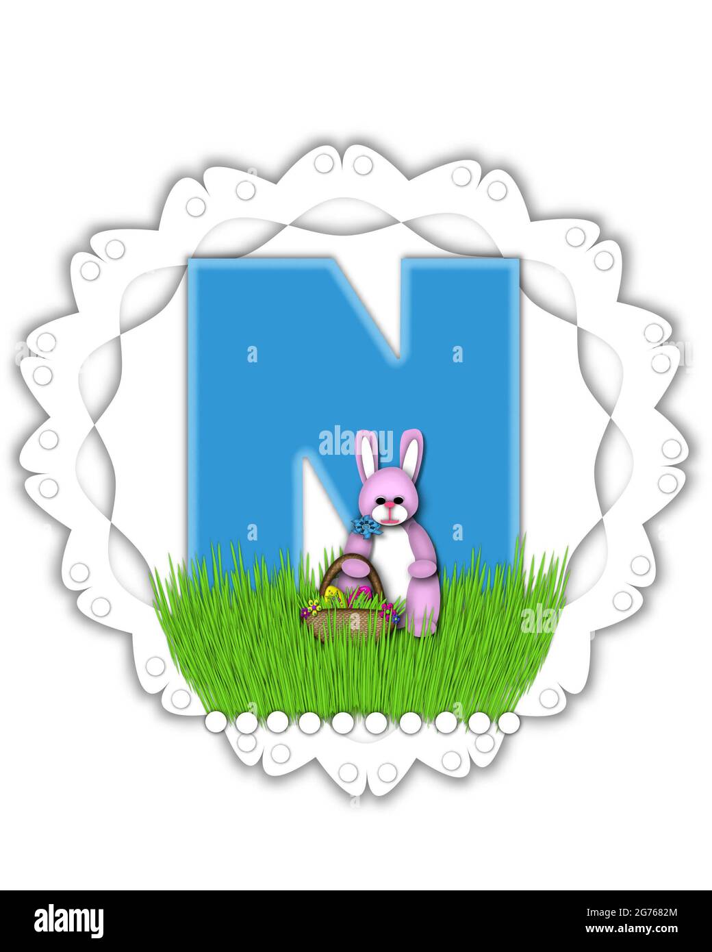 The letter N, in the alphabet set "Easter Bunny Field," is turquoise ...