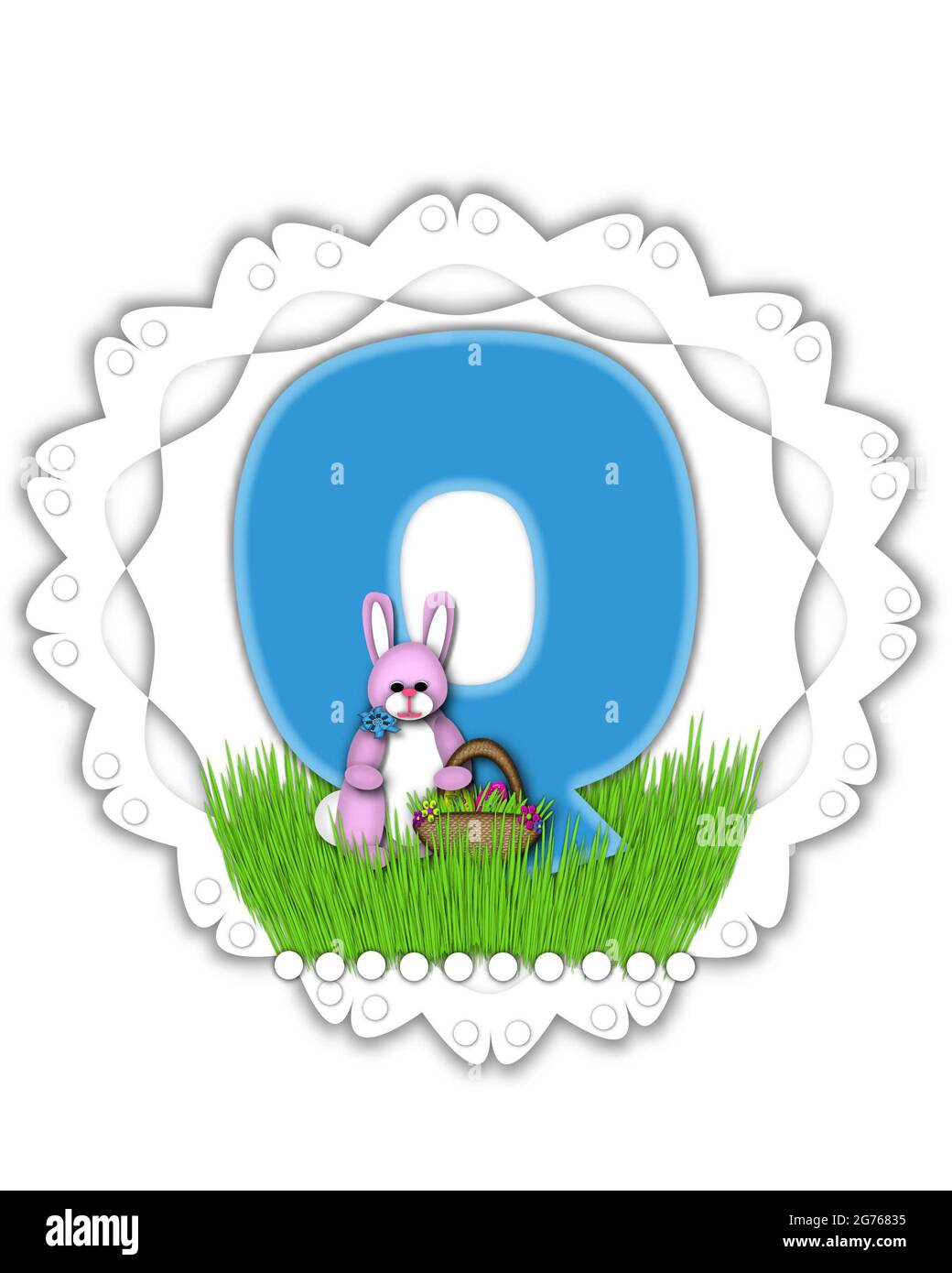 The letter Q, in the alphabet set "Easter Bunny Field," is turquoise ...