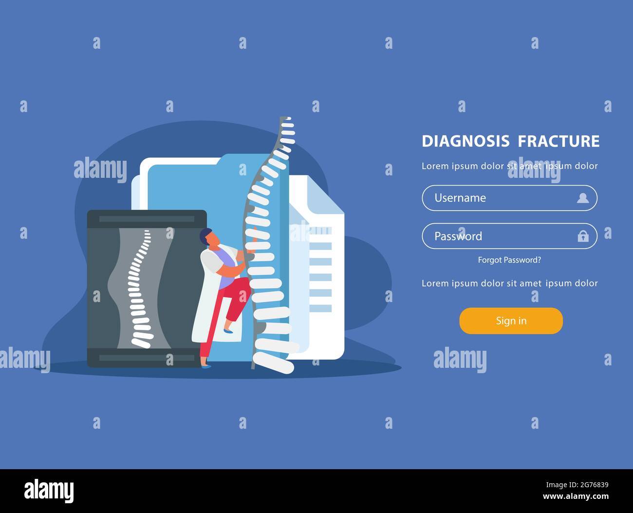 Orthopedics website with fracture diagnosis and treatment symbols flat ...