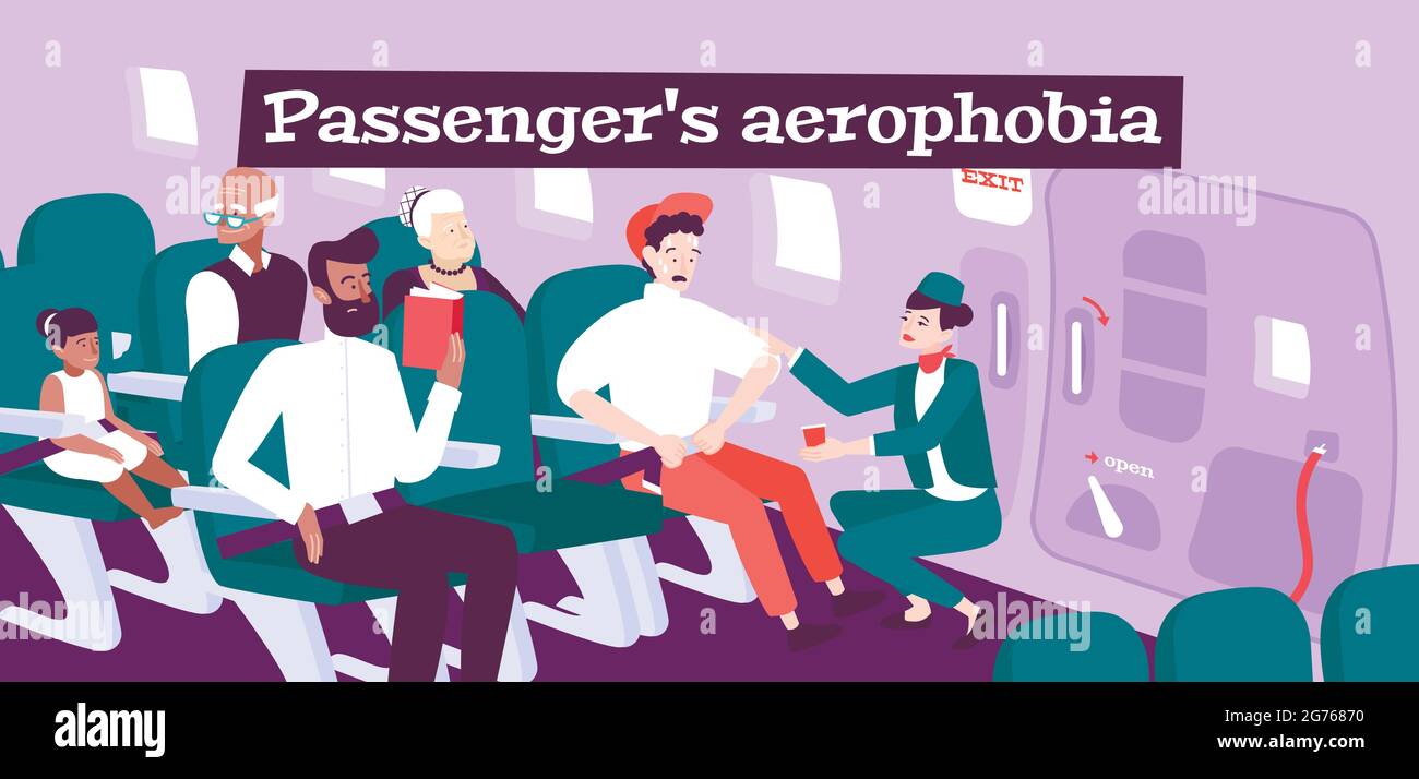 Aerophobia flat background with female flight attendant reassuring ...