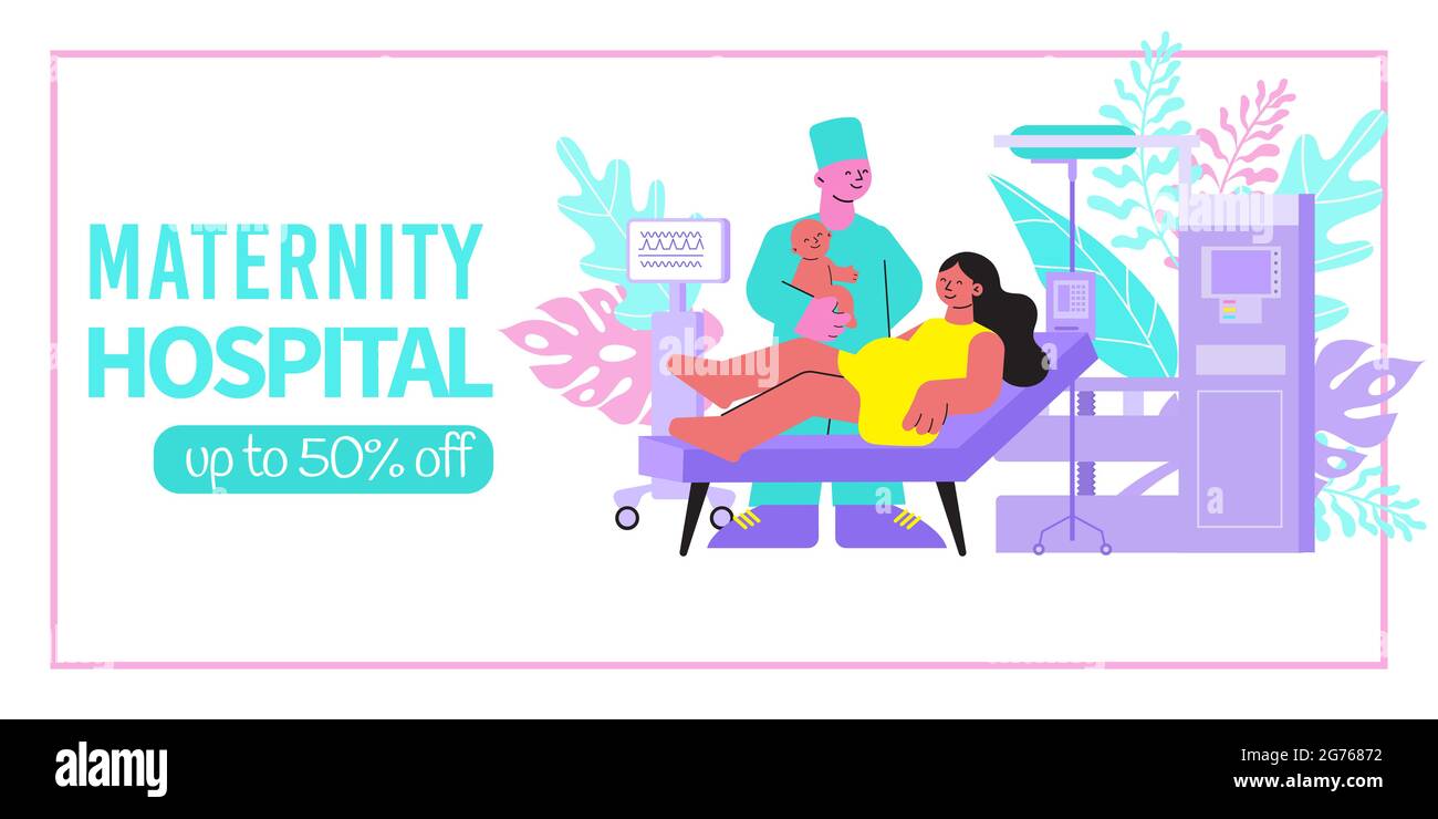 Maternity hospital horizontal banner with editable text discount and ...