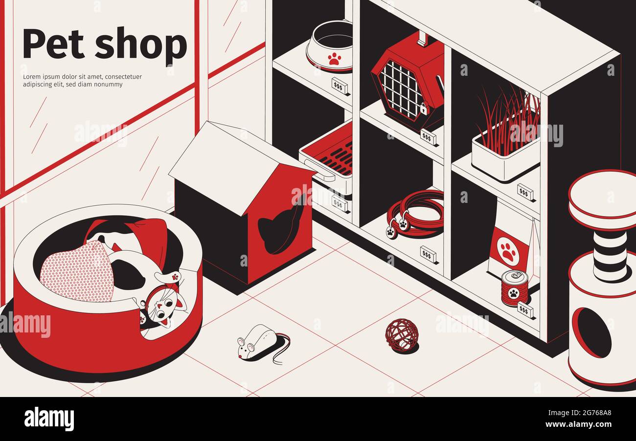 Pet shop isometric background with text and store shelves goods on sale ...