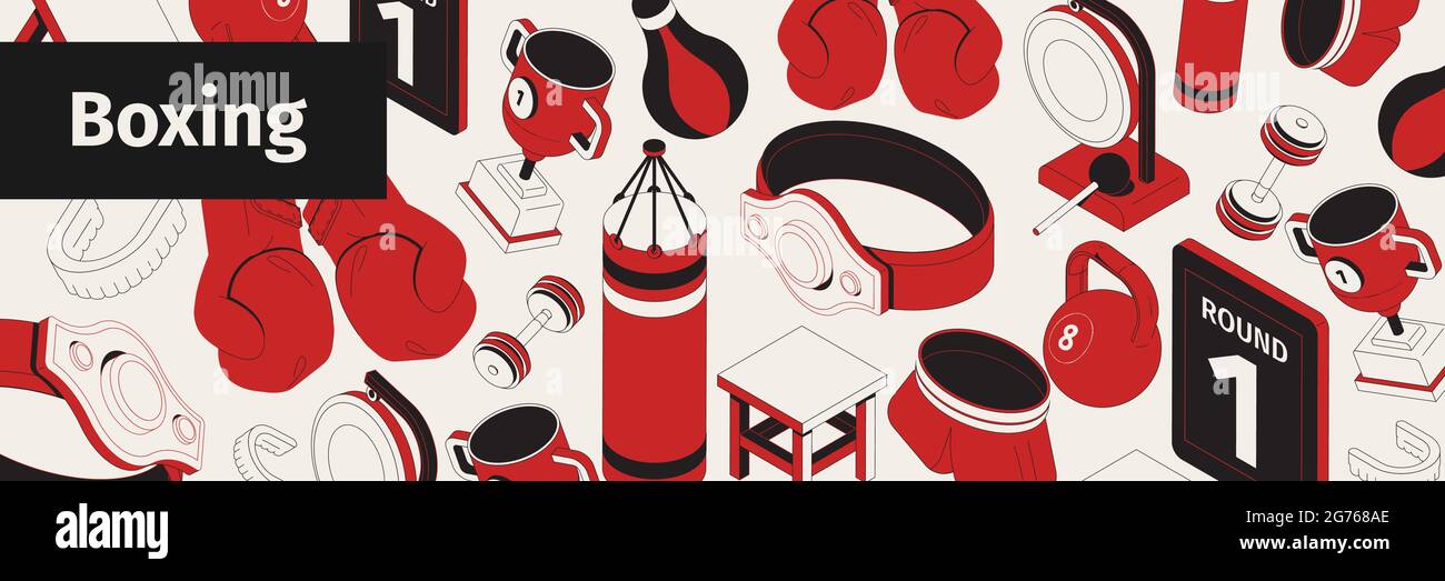 Boxing web site pattern isometric composition with text and icons of ...