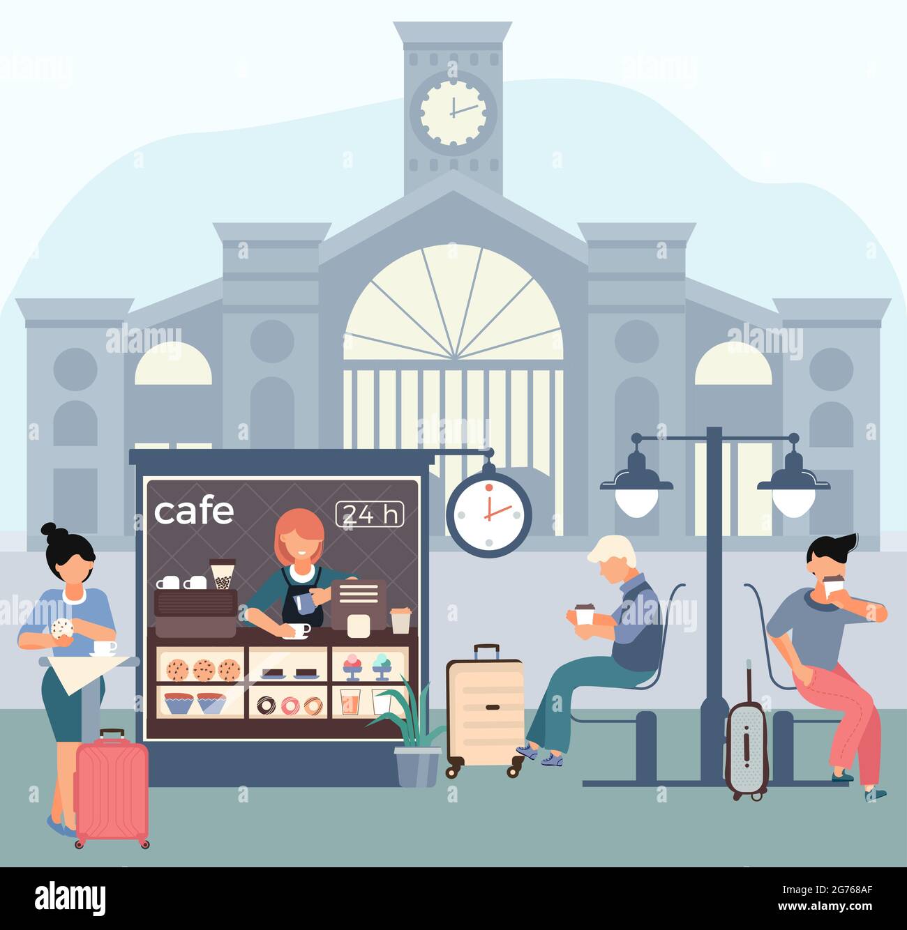 Cafe railway station flat composition with passenger building ...