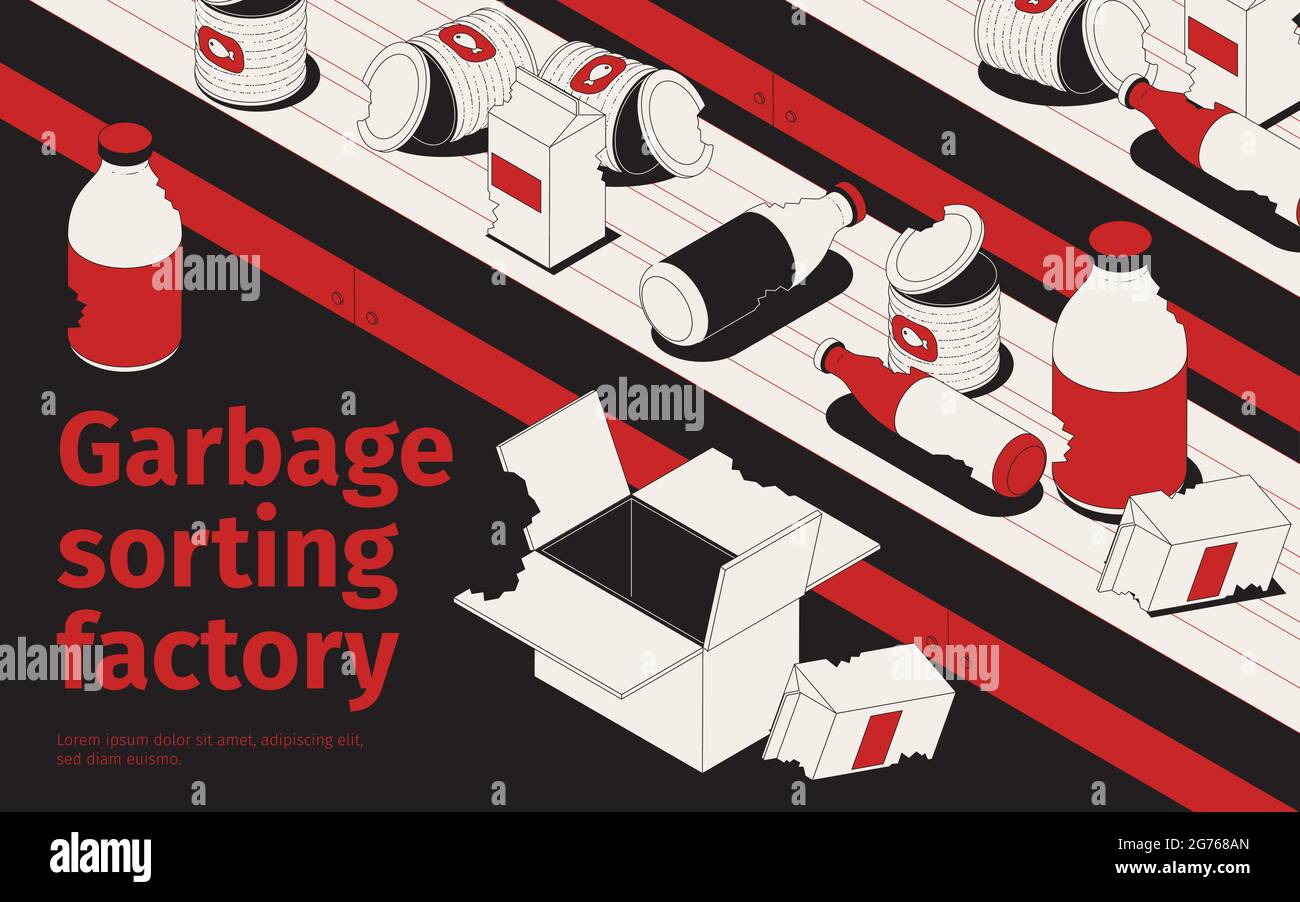 Garbage sorting factory line isometric background with composition of ...