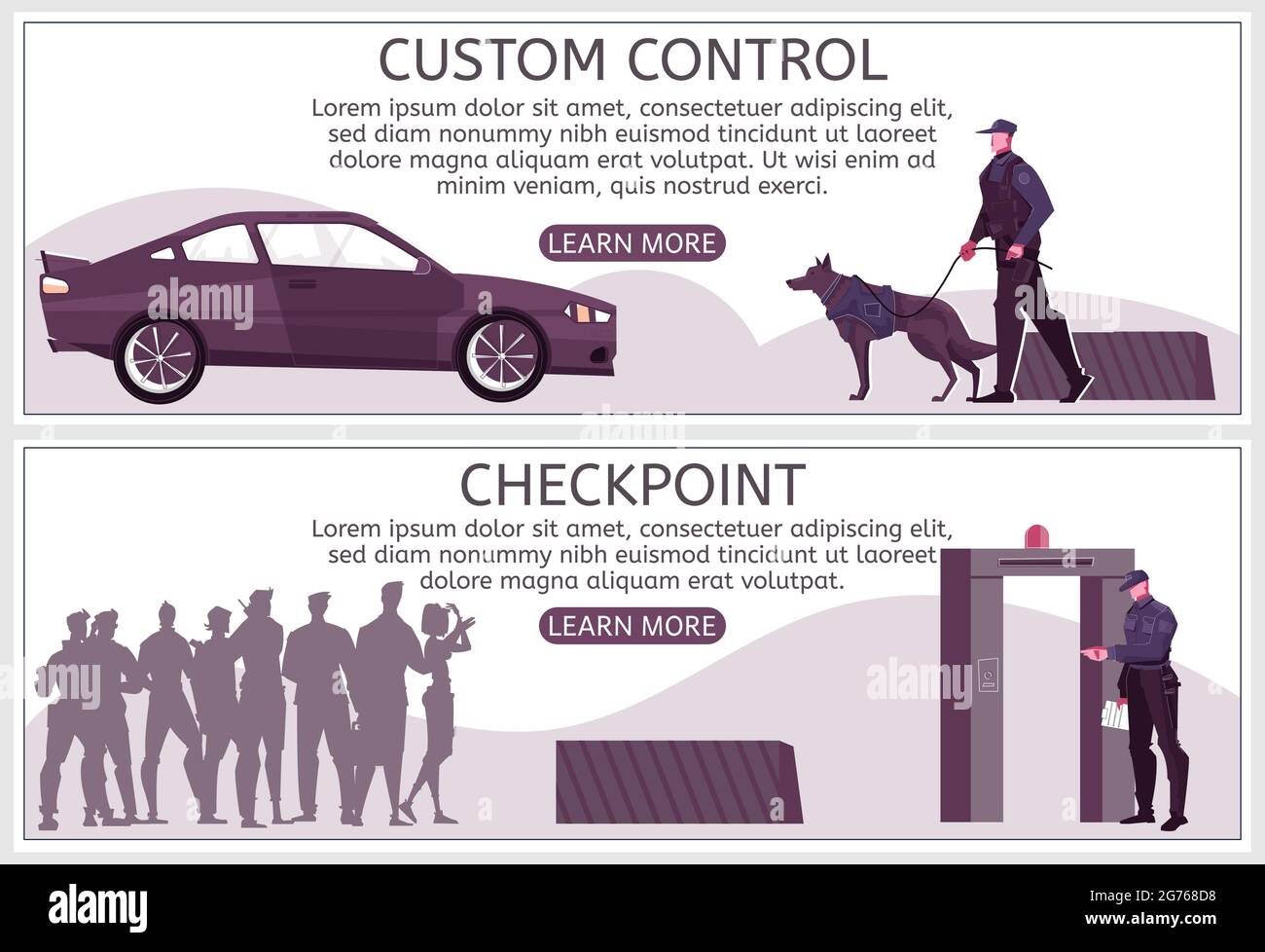 Customs control set of horizontal banners with text learn more button ...