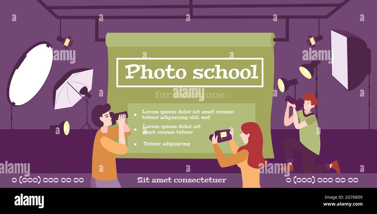 Photo school photography education horizontal banner with flat studio ...