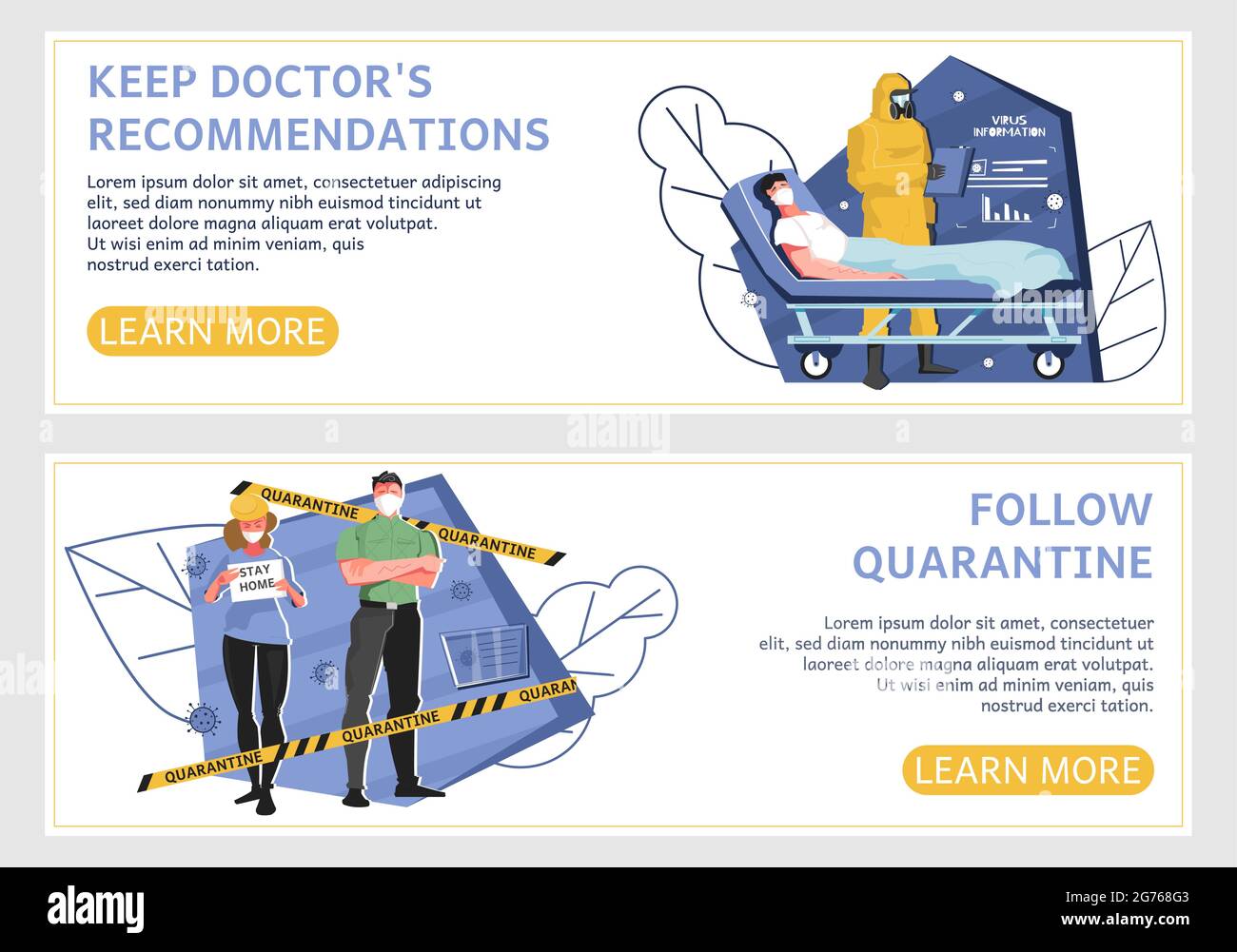 Pandemic coronavirus set of horizontal banners with flat quarantine ...
