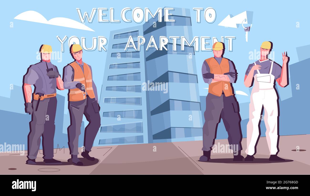 Horizontal apartment sale new building banner with group of workers and ...