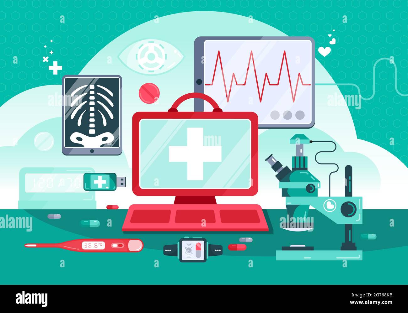 Digital medicine illustration with doctors desk monitor and ...