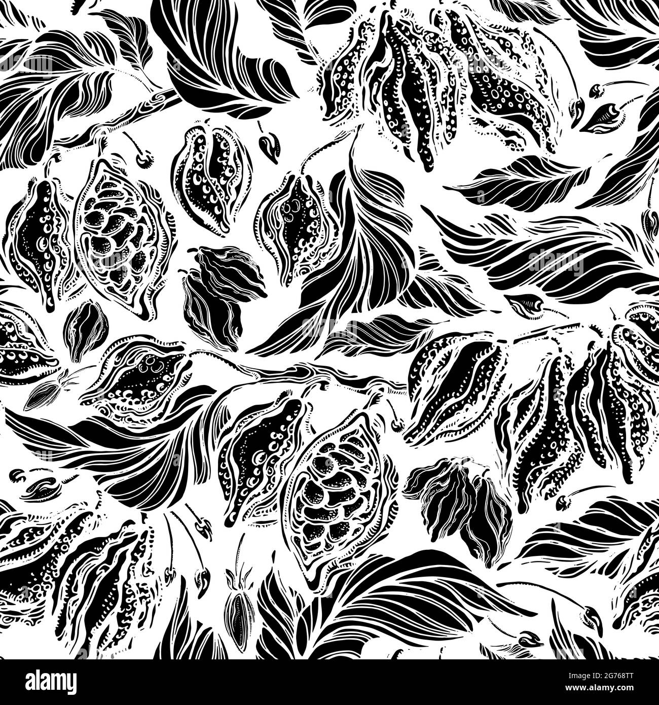 Engraving seamless pattern. Vector cocoa tree, bean, tropical leaf, old ...