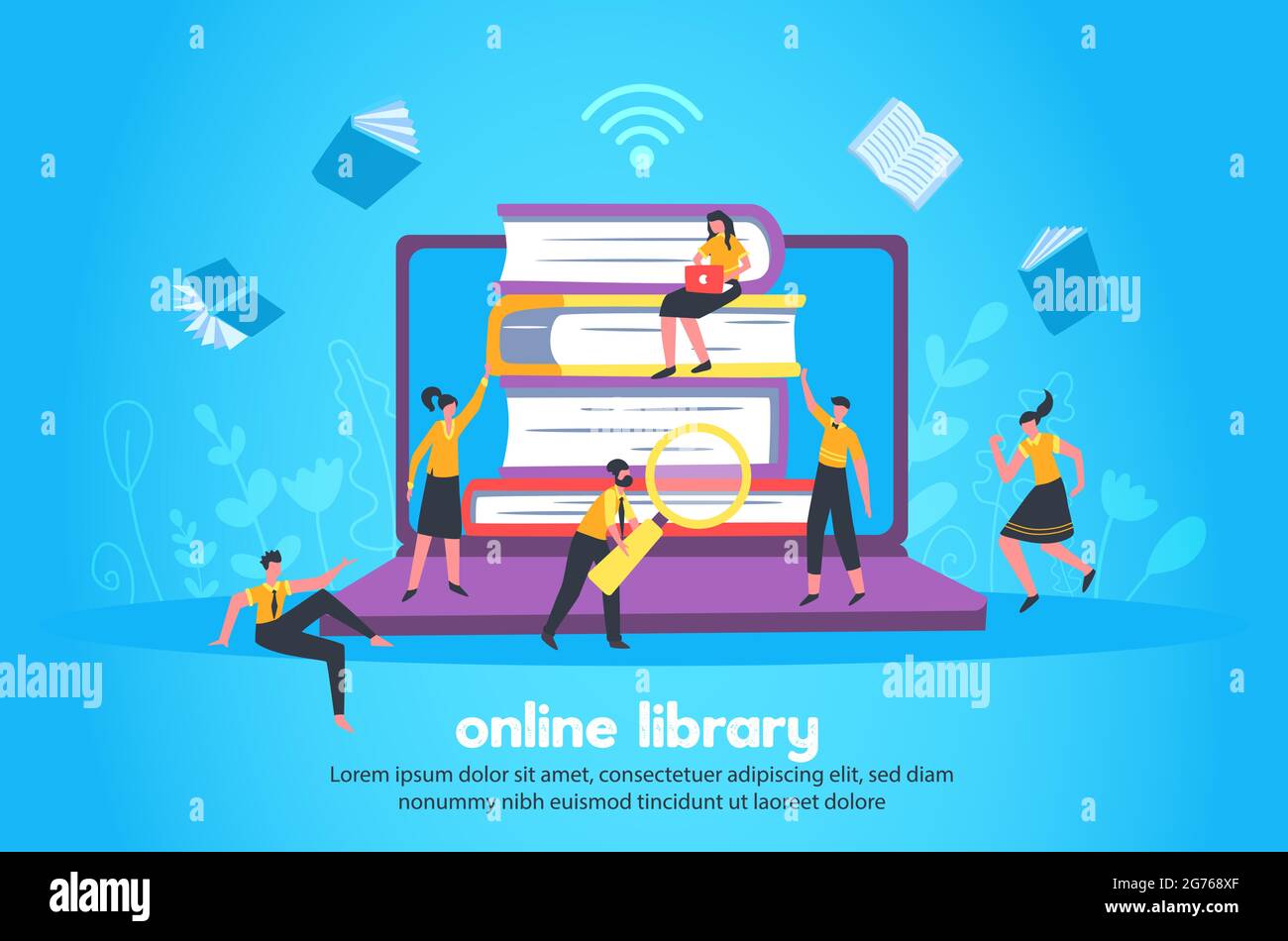 Online library with stack of books and notebook big images wi fi sign ...