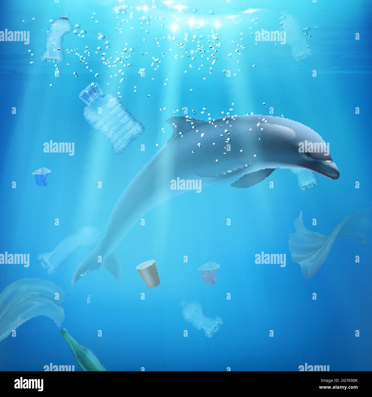 Dolphin and pollution in the sea realistic composition with dolphin ...
