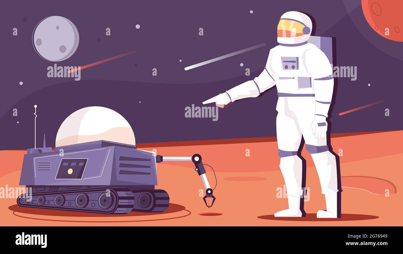 Robot space flat composition with extraterrestrial scenery and ...
