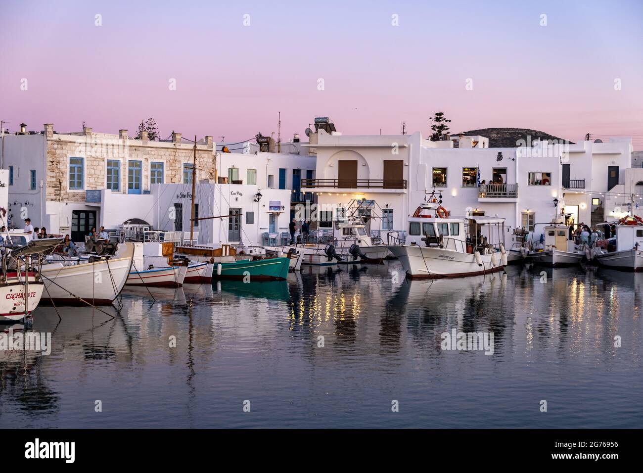 Greece, Paros island Naousa old port. Cyclades. May 19, 2021. Typical ...