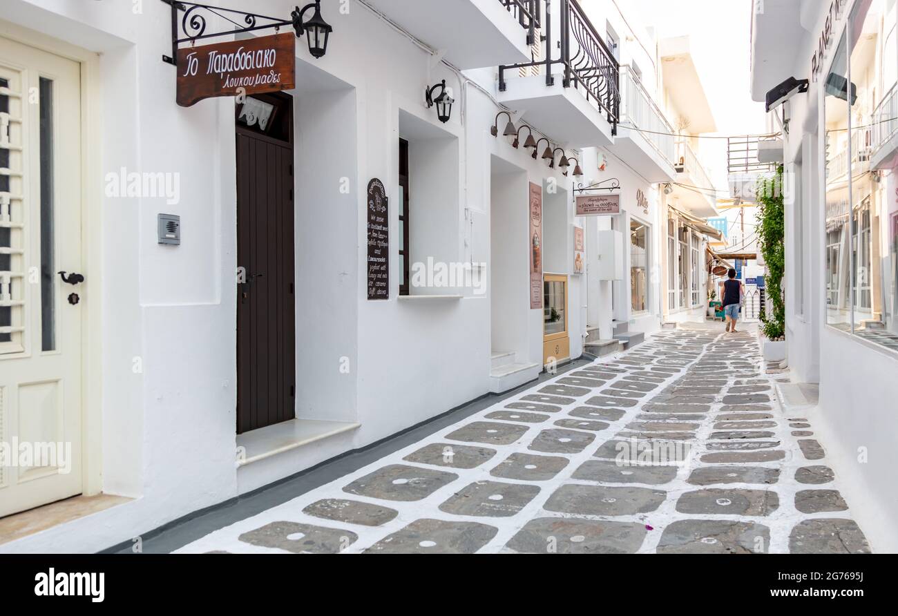 Greece, Paros island. Cyclades. May 20, 2021. Naousa town traditional ...