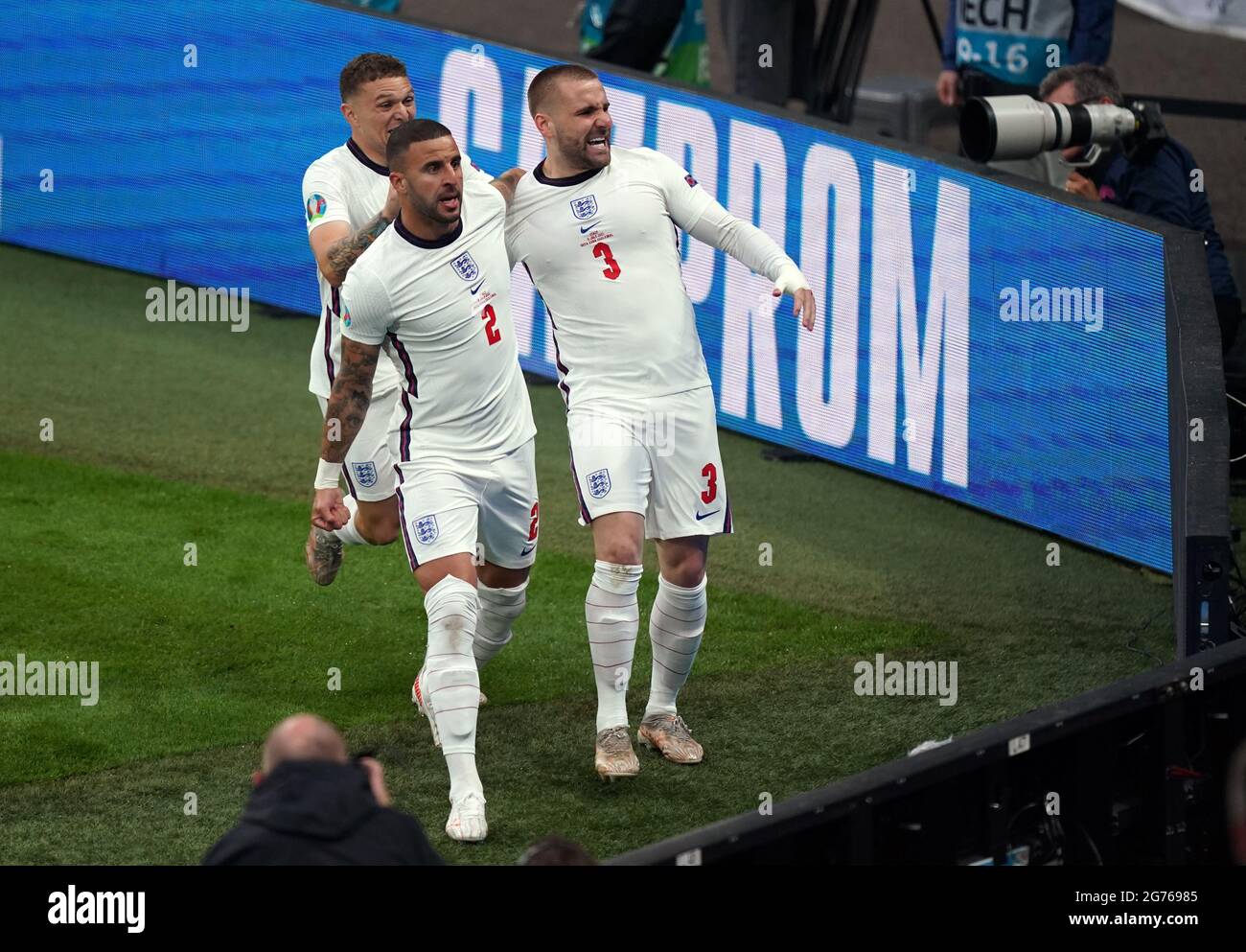 England's Luke Shaw celebrates scoring the opening goal during the UEFA ...