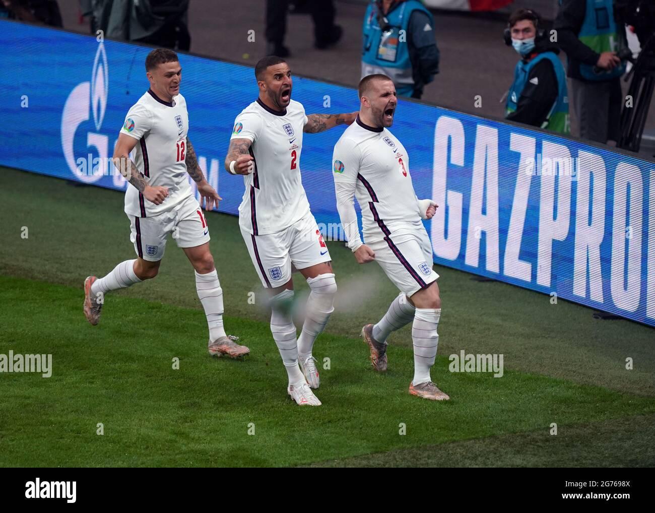 England's Luke Shaw celebrates scoring the opening goal during the UEFA ...